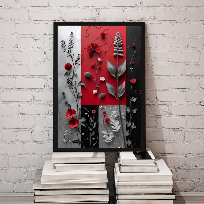 Modern Abstract Botanic Print: Red, Ruby, and Silver Mid-century Wall ...