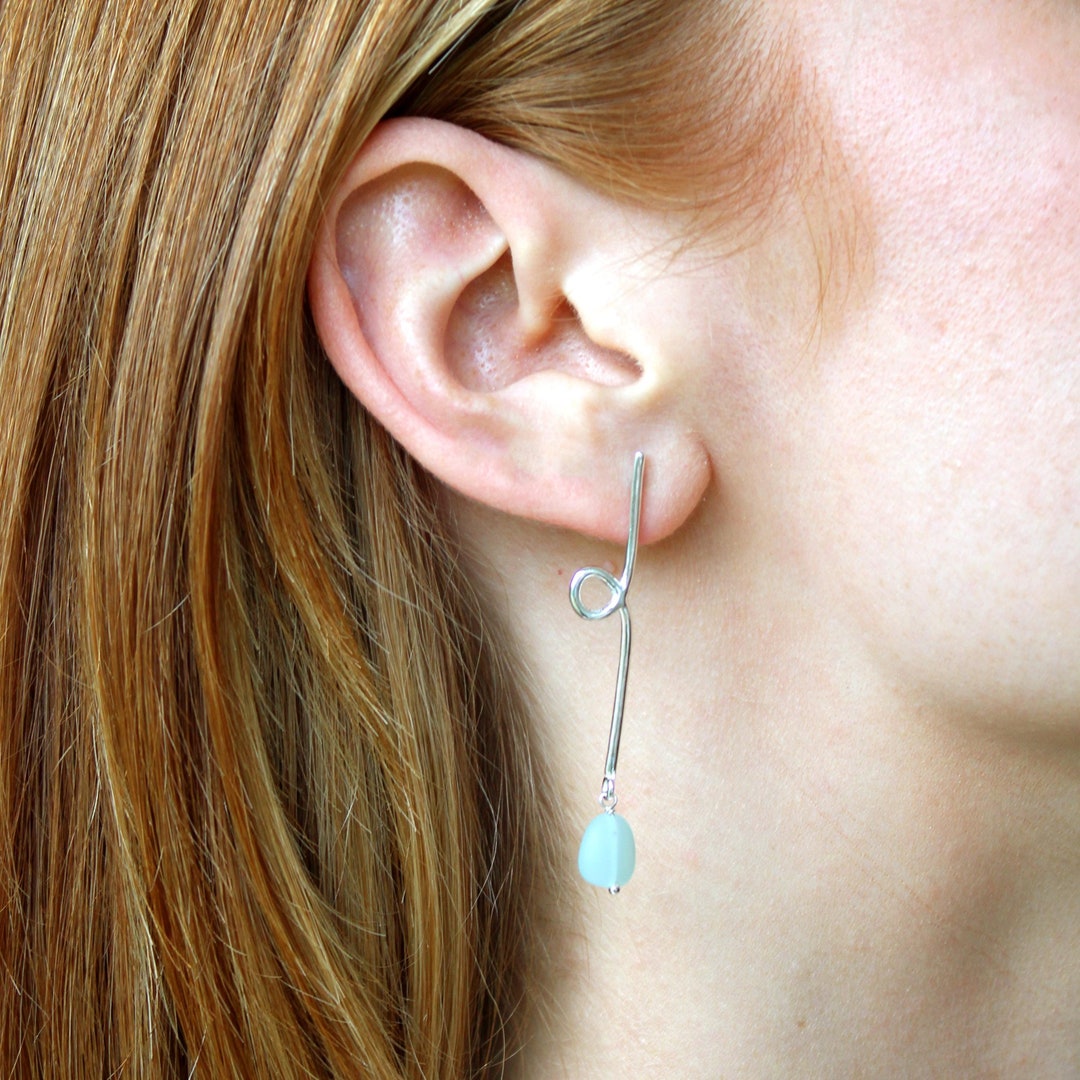 Long REFLECTION Earrings With Seafoam Green Glass / Handmade Modern Loop Earrings in Brass ...
