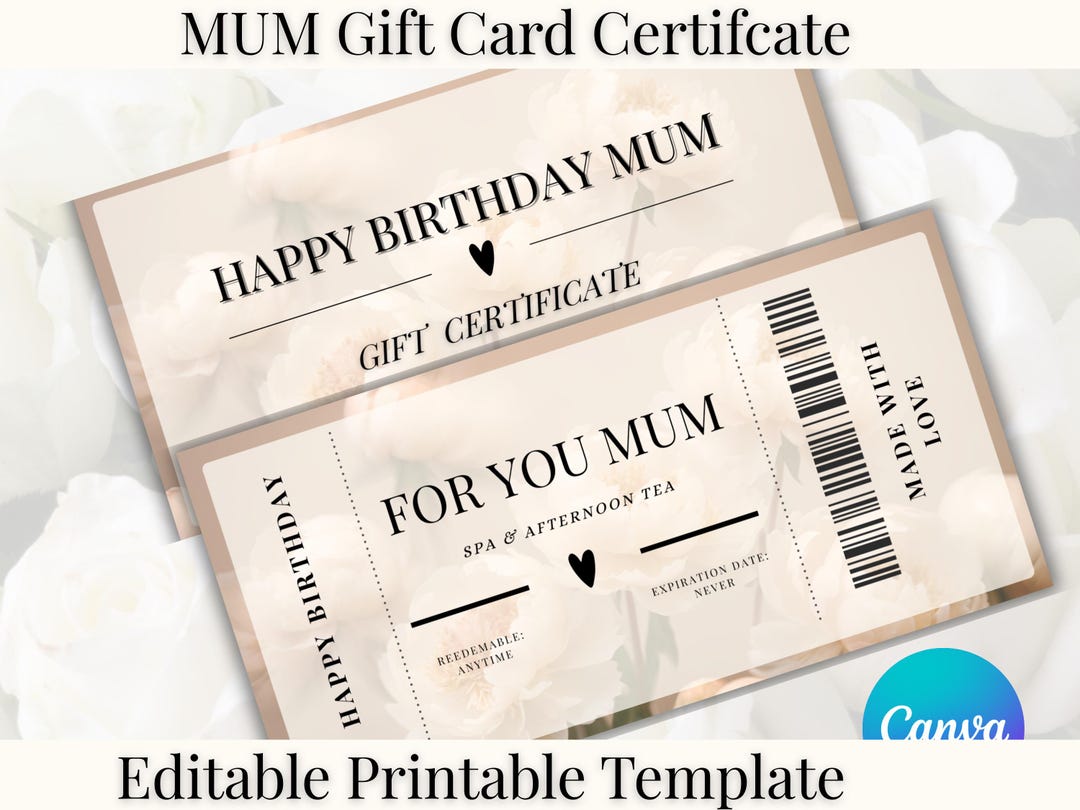 MOM Gift Card Template, DIY Printable Gift Voucher, Editable Gift Card ...