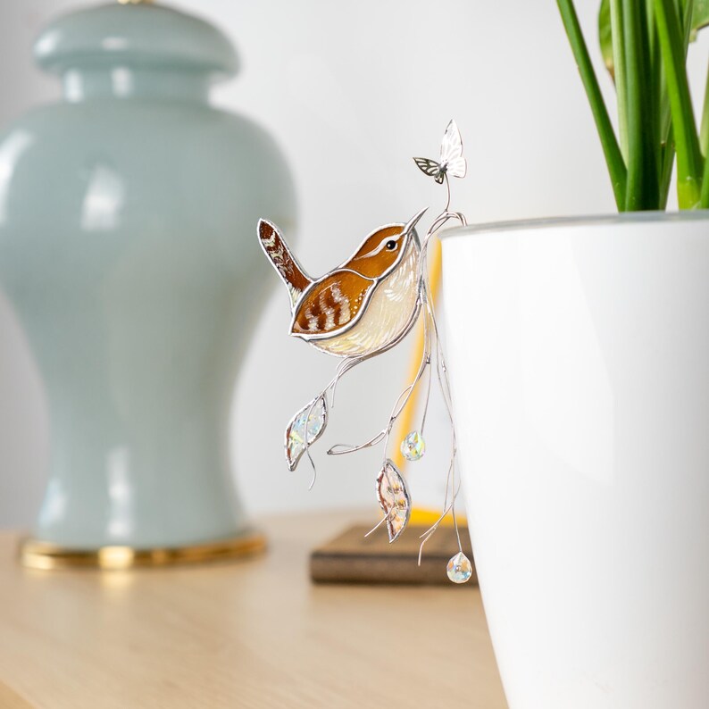 Plant Stakes Carolina Wren Stained Glass Suncatcher - Cottage Core - Etsy