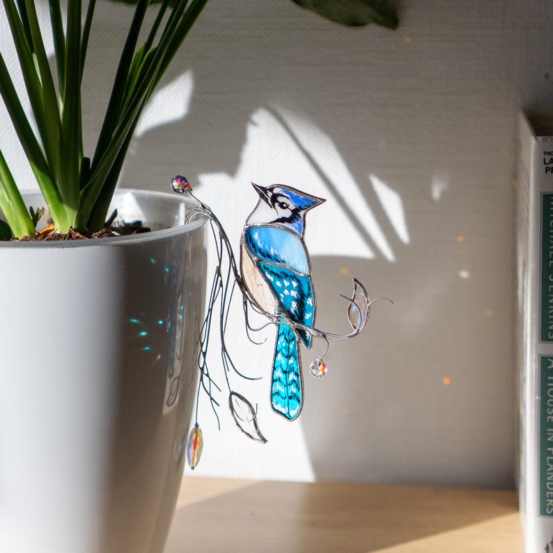 Stained Glass Blue Jay Crystal Suncatcher - Plant Accessories Apartment ...