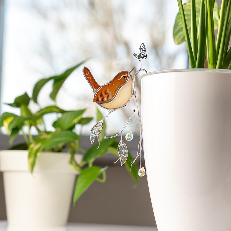 Plant Stakes Carolina Wren Stained Glass Suncatcher - Cottage Core - Etsy