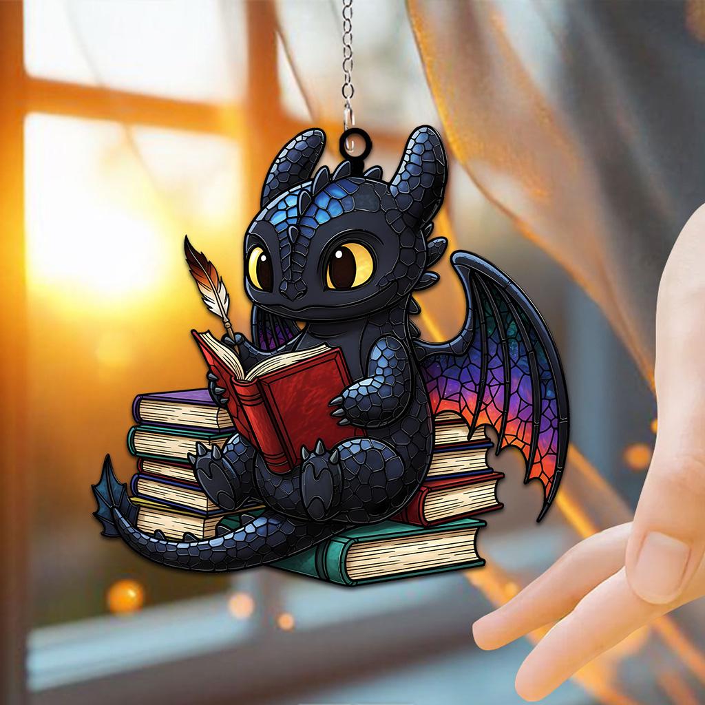Cute Dragon Reading Book Faux Stained Glass Suncatcher, Baby Dragon ...