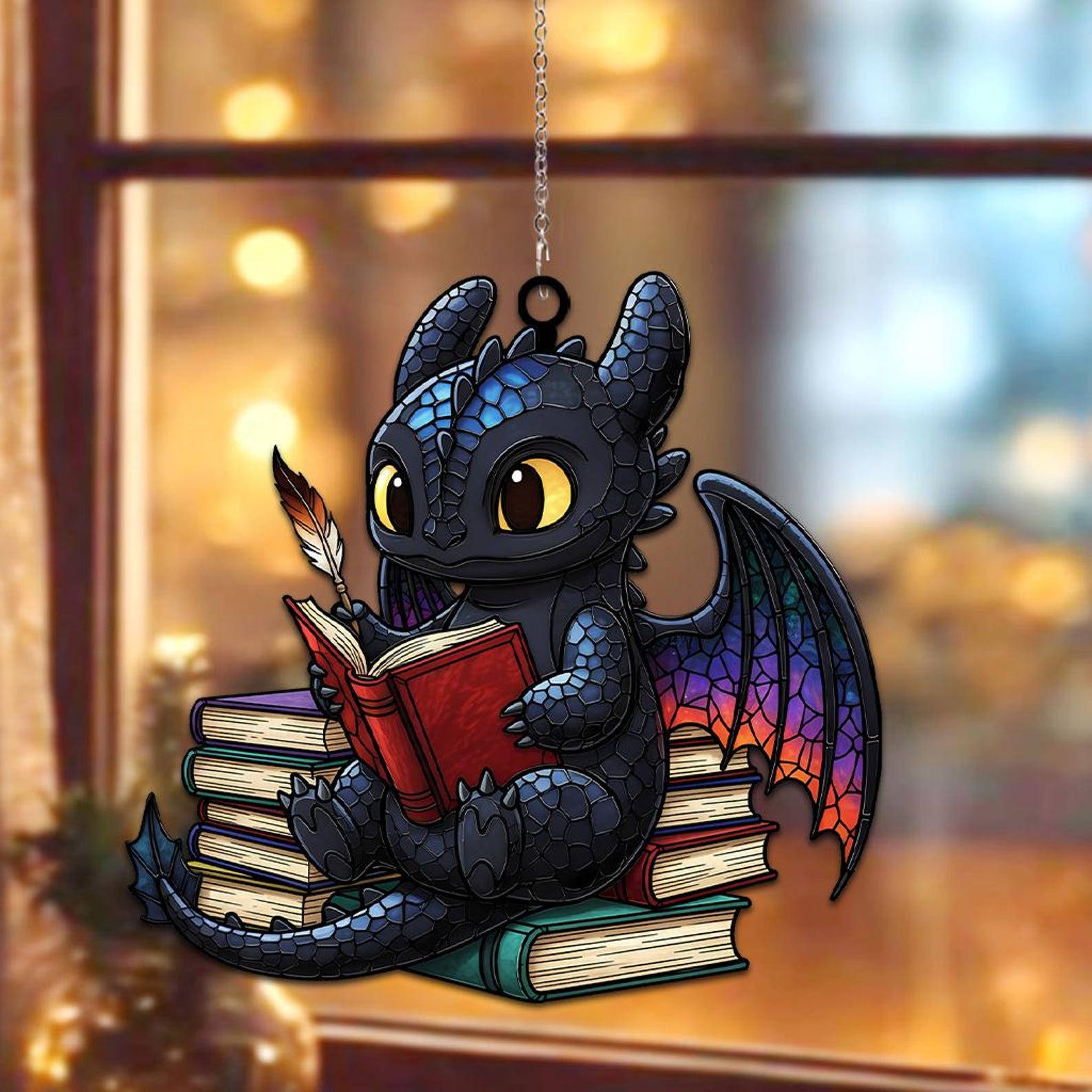 Cute Dragon Reading Book Faux Stained Glass Suncatcher, Baby Dragon ...
