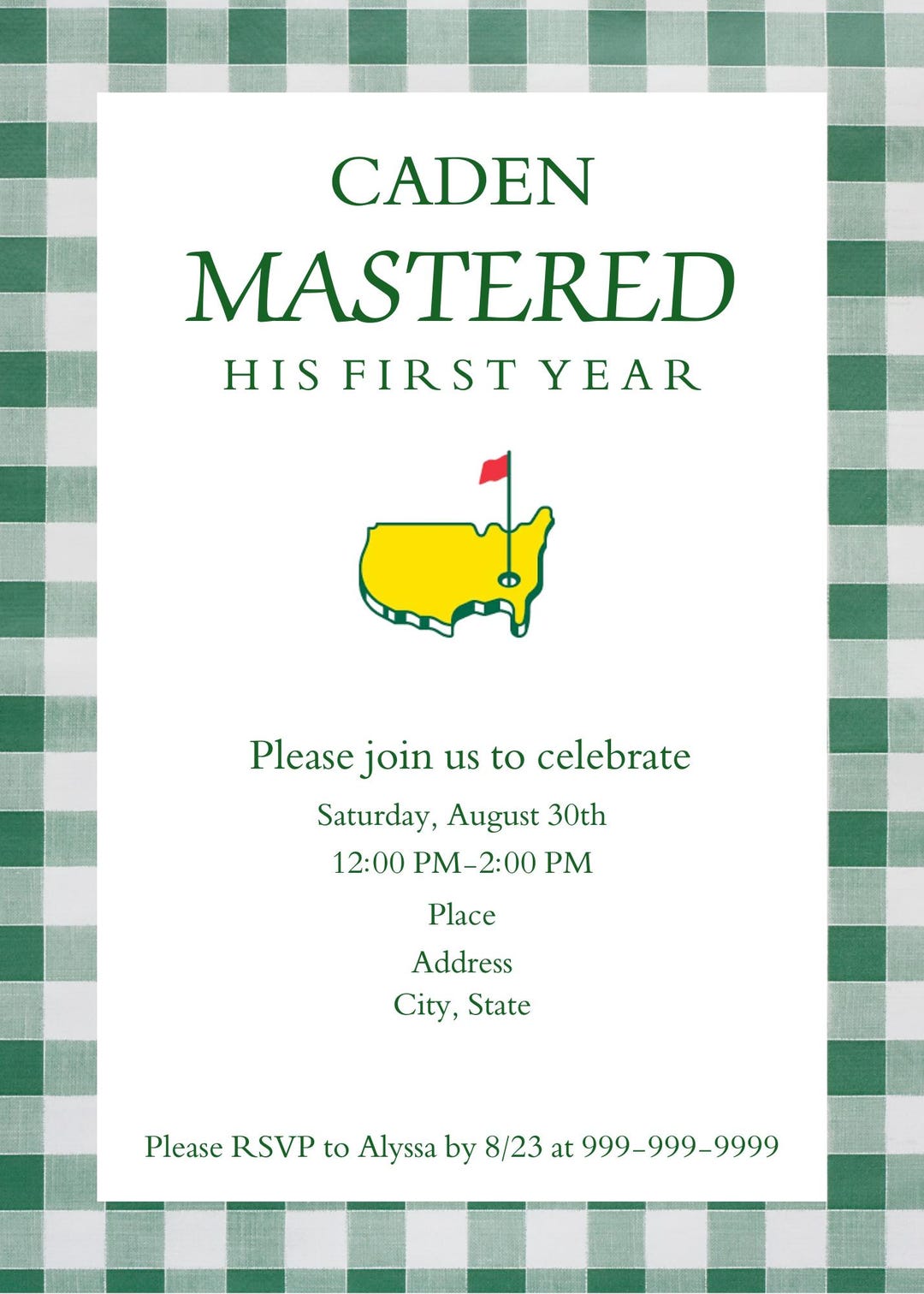 Editable Masters First Birthday, Golf, Mastered, First, Year, Green ...