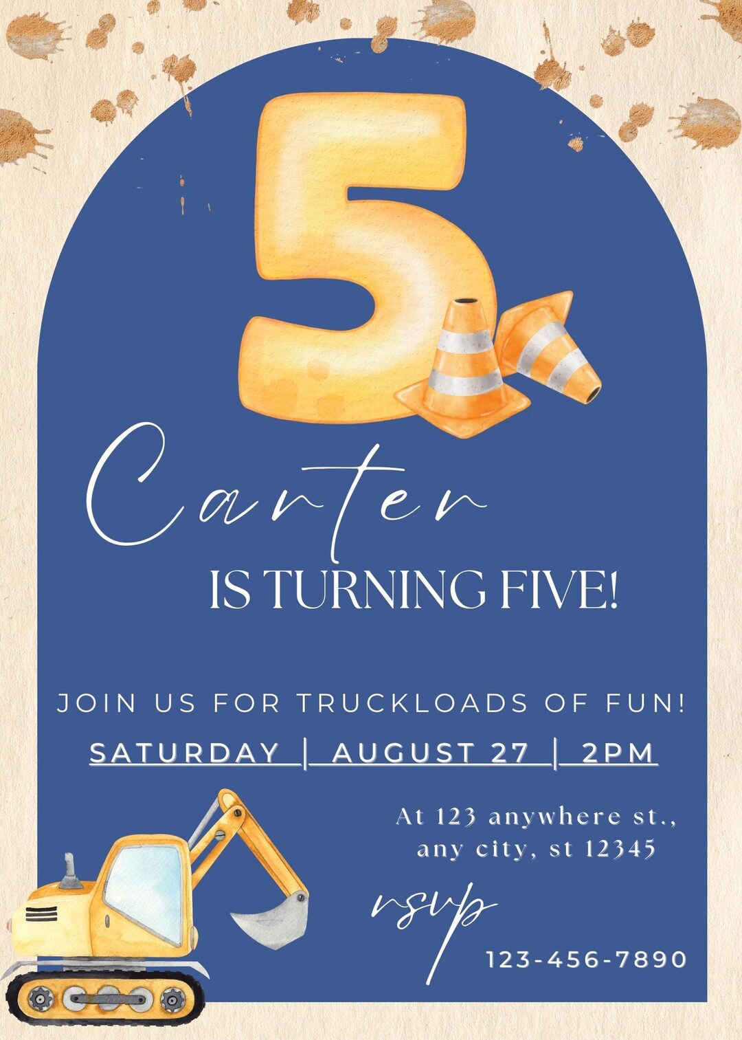 Excavator Birthday Invitation: Construction Party, Kids Invite (digital ...