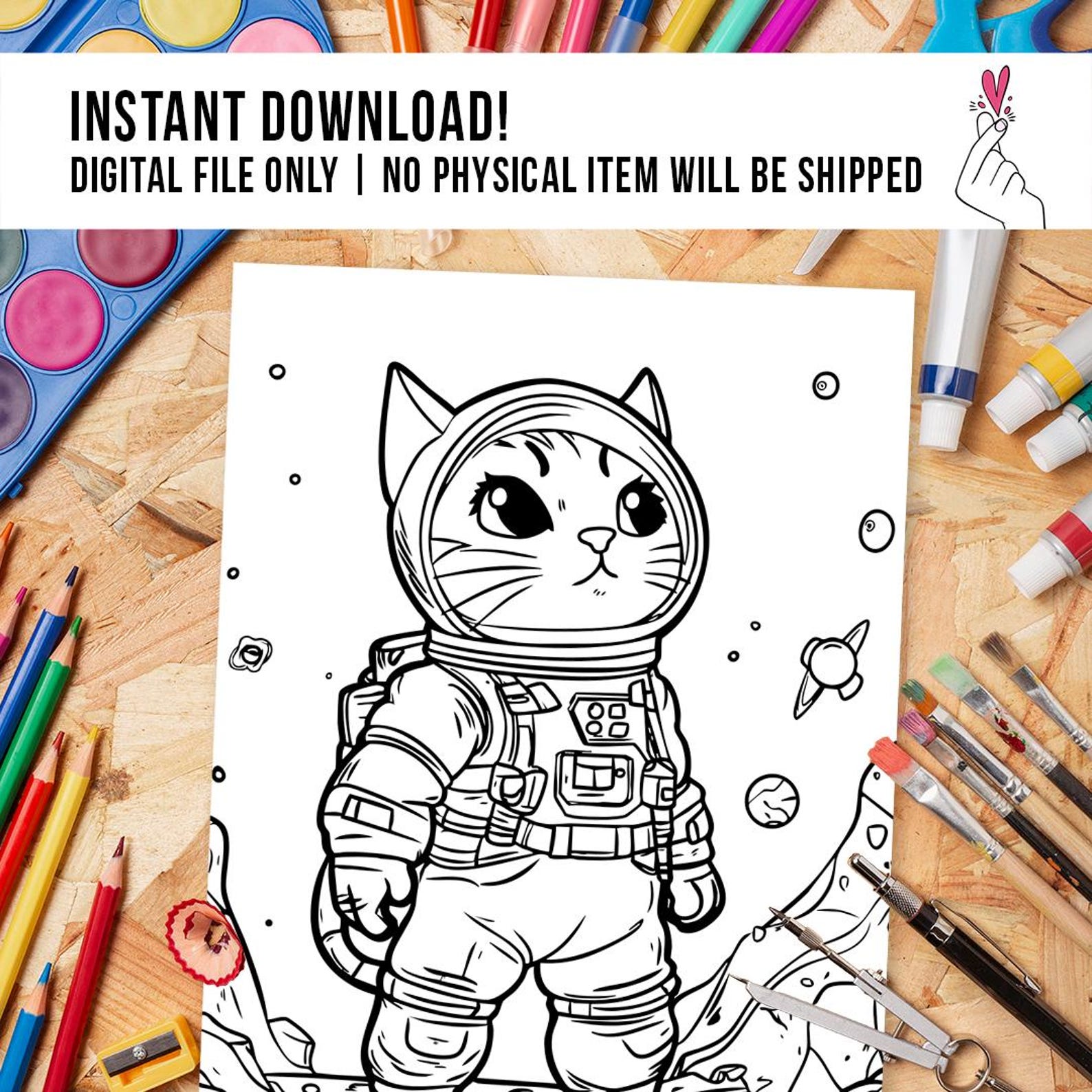 Cat in Space A4 Digital Coloring Page - Etsy