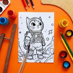 Cat in Space A4 Digital Coloring Page - Etsy