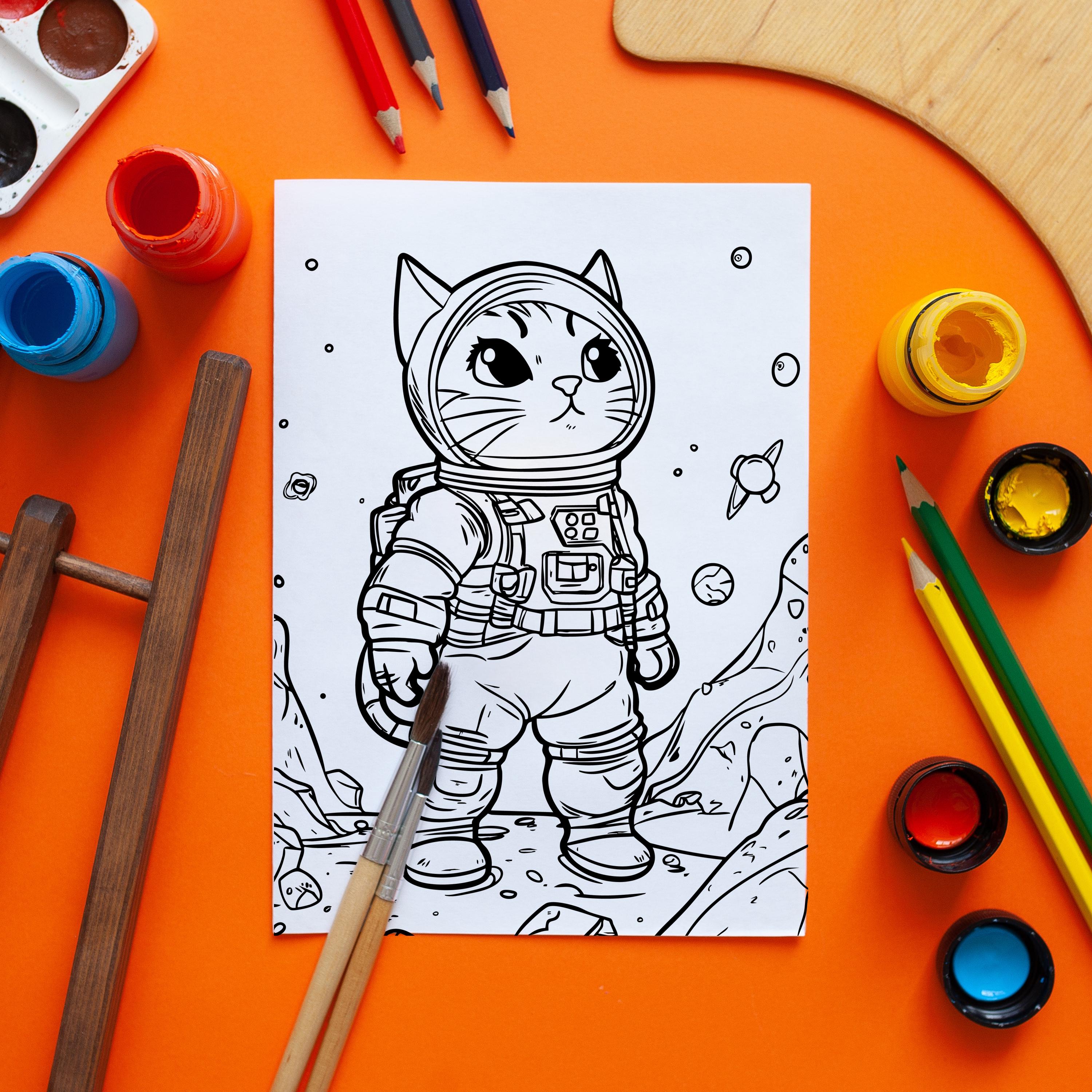 Cat in Space A4 Digital Coloring Page - Etsy