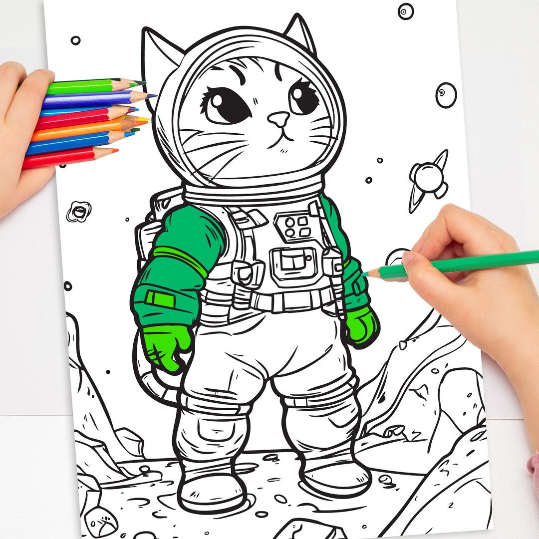 Cat in Space A4 Digital Coloring Page - Etsy