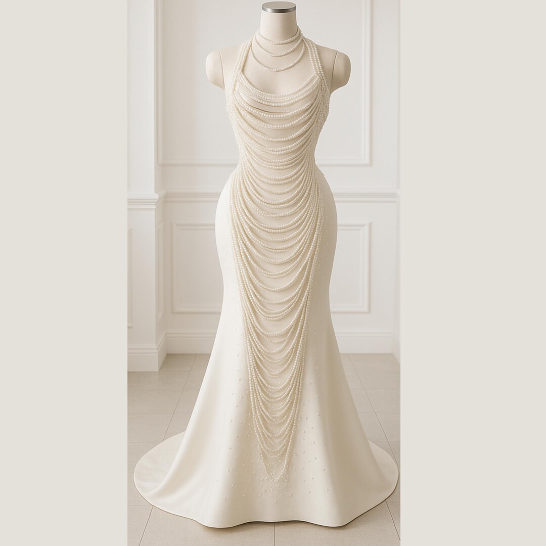 Hand-embellished Ivory Pearl Drape Minimalist Wedding Satin Gown, Pearl ...