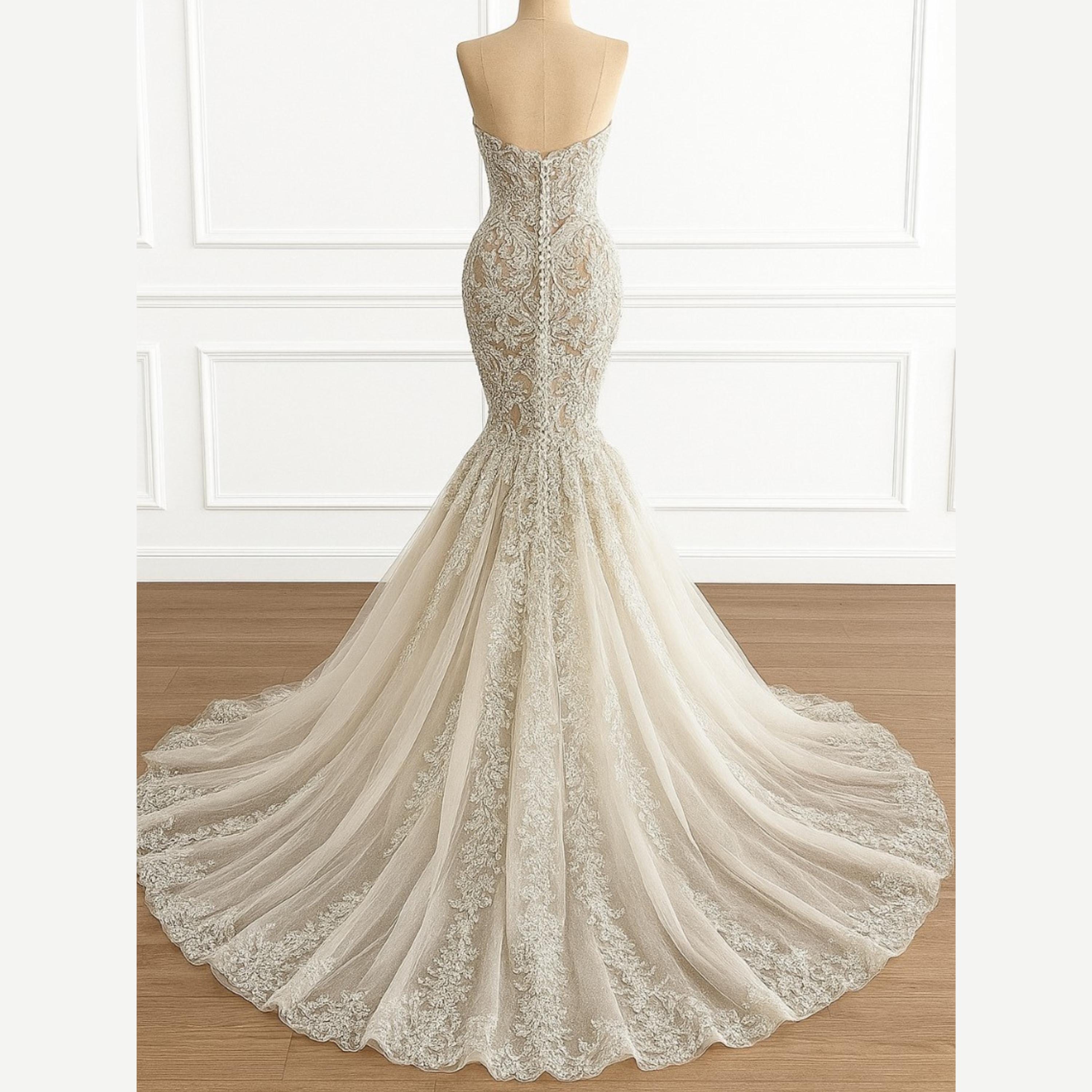 Embroidered Mermaid Wedding Dress With Train – Luxury Strapless Bridal ...