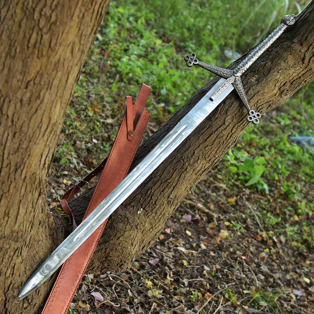 Ornate Medieval Sword – Fullered Blade With Leather Scabbard, Forest ...