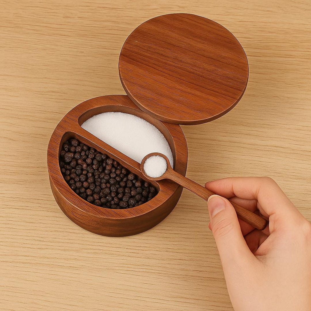 Acacia Wood Salt and Pepper Cellar With Lid & Spoon – Dual Compartment ...