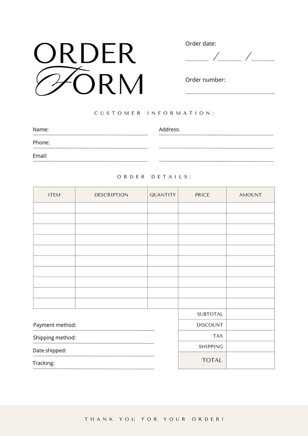 Order Form PDF Template | Digital Order Form for Printing ...