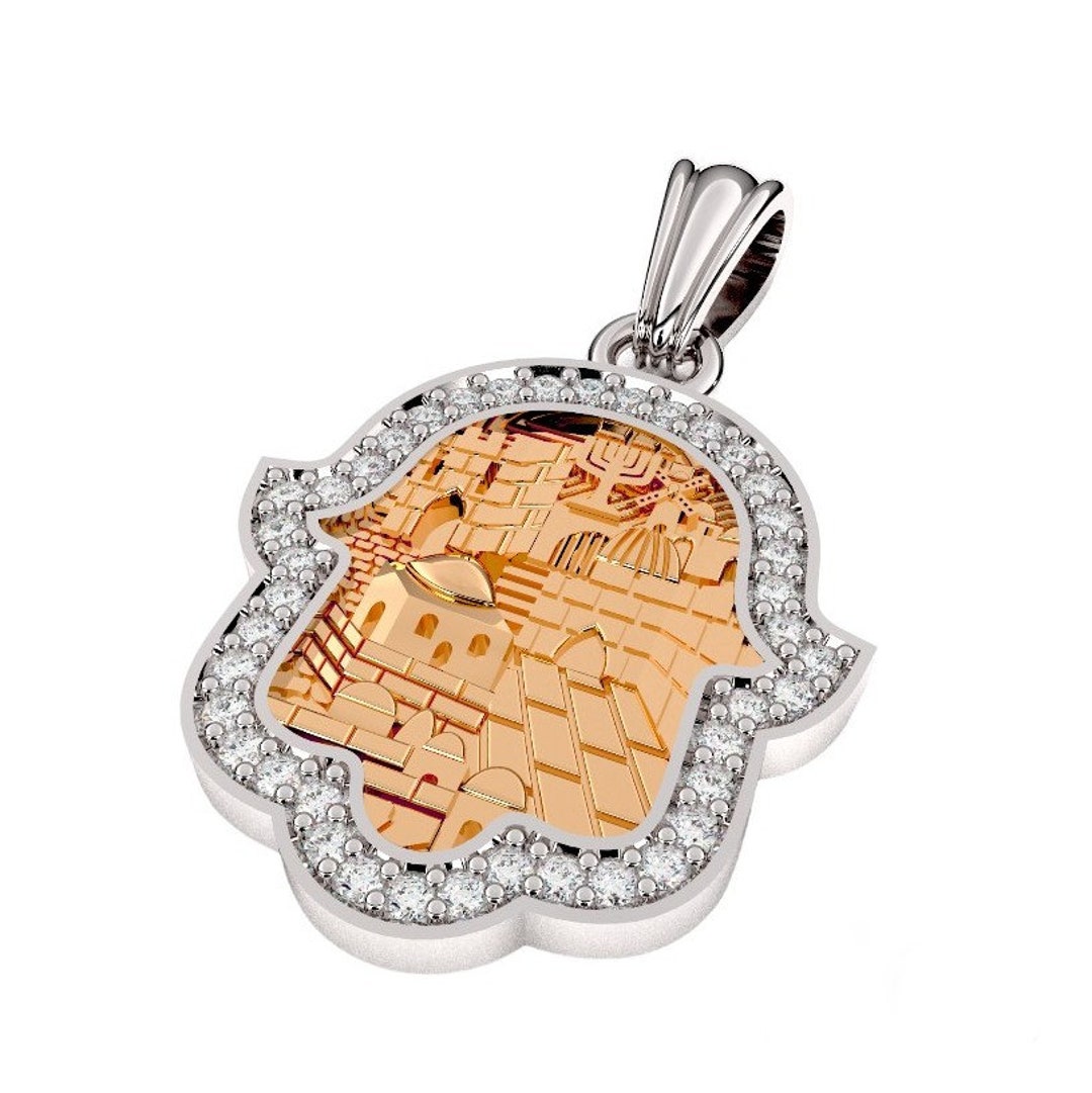 18k Rose Gold Jerusalem Hamsa Pendant With Lab Diamonds (1.75 Cm) - Etsy