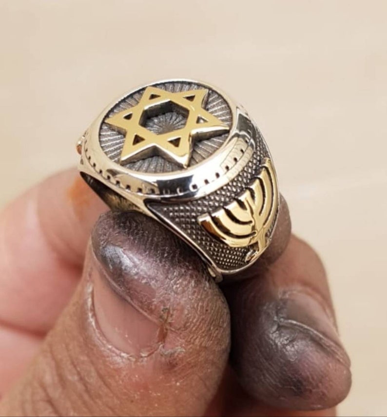 925 Silver 9K Gold Star of David Ring With Blue Enamel | Etsy