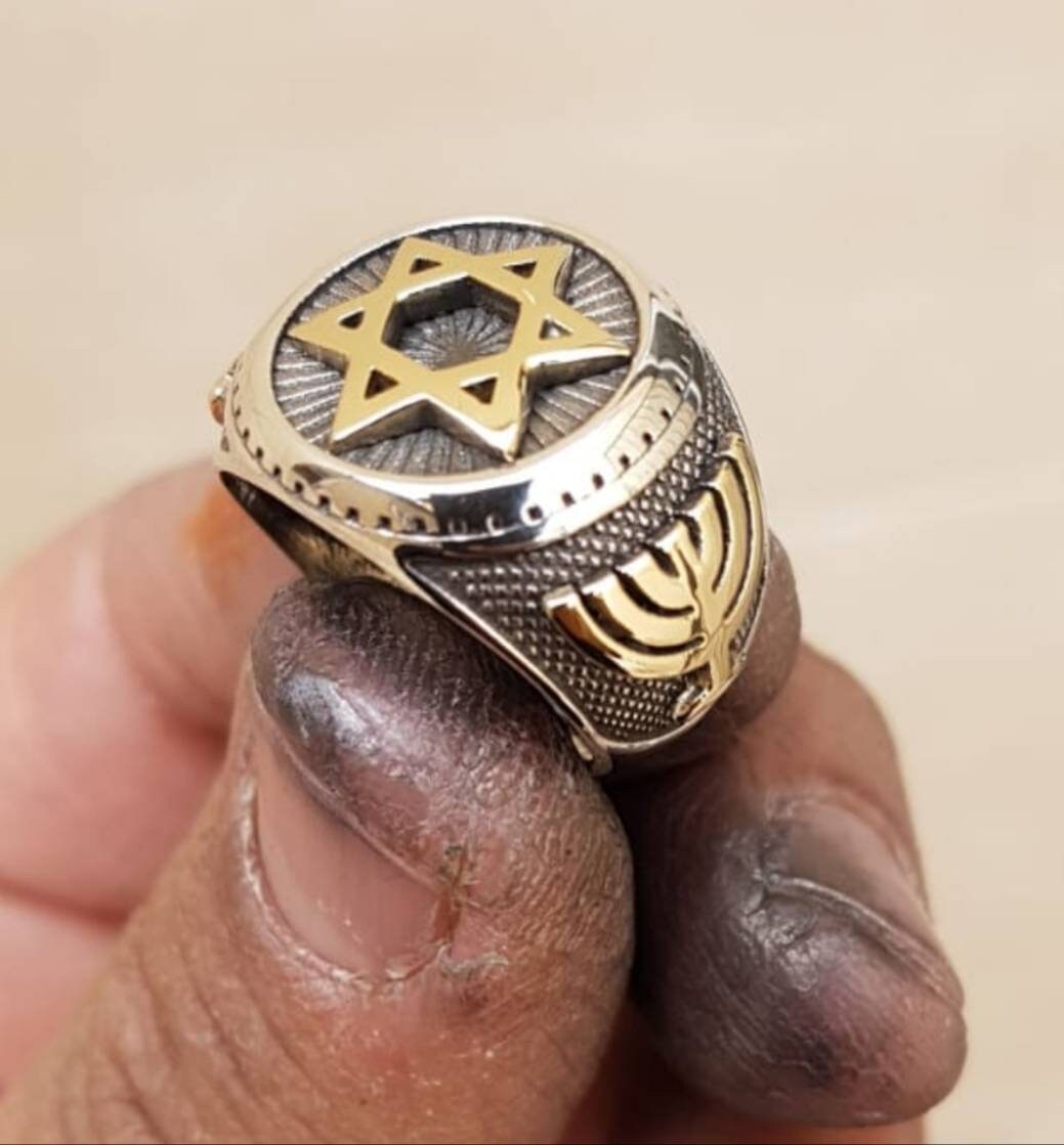 925 Silver 9K Gold Star of David Ring With Blue Enamel | Etsy