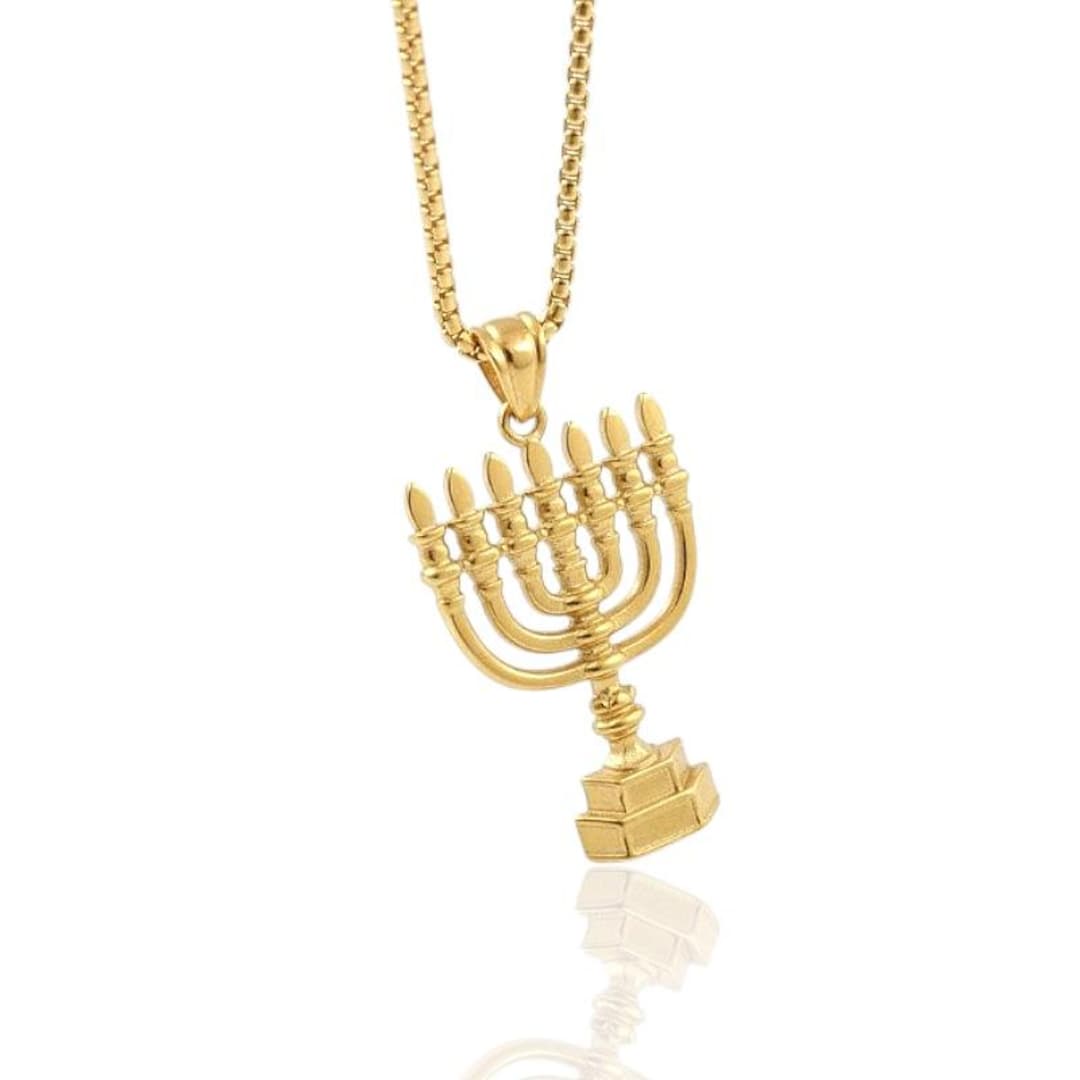 14K Gold Menorah Pendant Necklace, Jewish Judaica Jewelry, Jerusalem ...