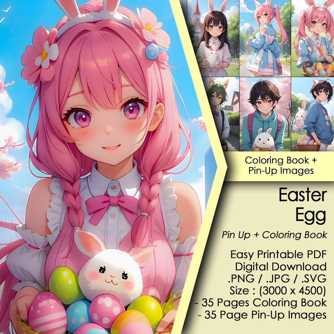 Easter Anime Girl Coloring Book + Pin-up Bundle | Cute Bunny Art ...