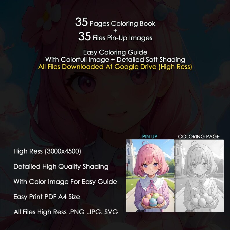 Easter Anime Girl Coloring Book + Pin-up Bundle | Cute Bunny Art ...