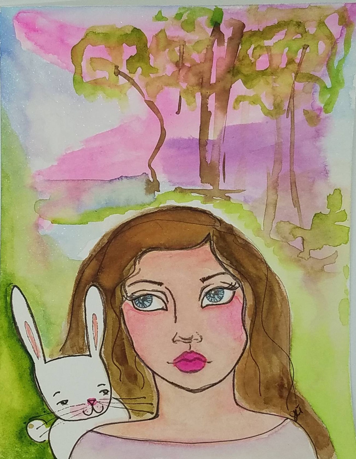 6x5 Beautiful Bunny Love, Michelle and Her Bunny Original Mixed Media ...