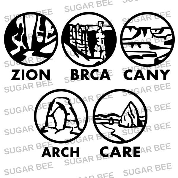 Utah Big 5 National Parks Logo Set Arches Zion Canyonlands Bryce Canyon ...