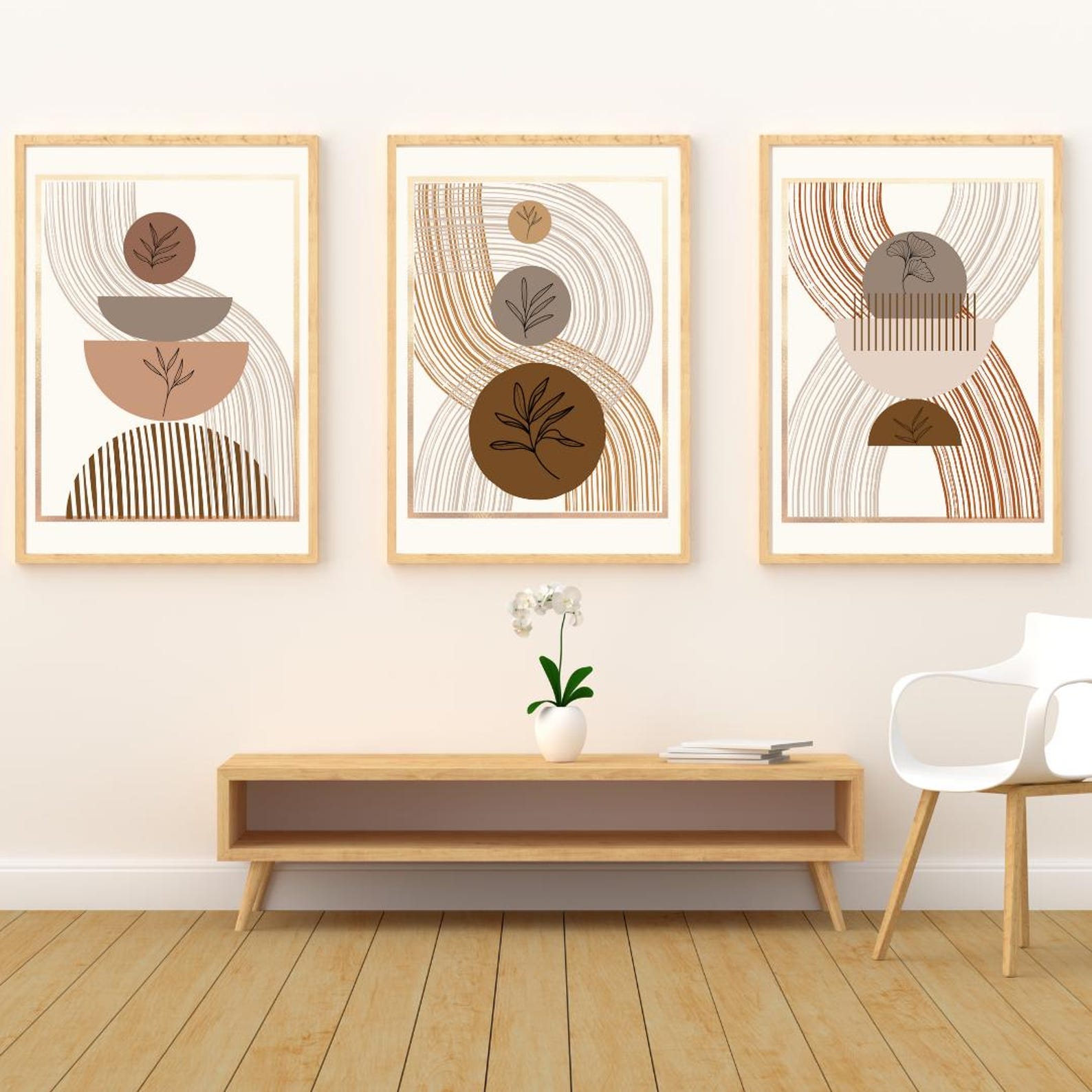 Boho Abstract Wall Art Set of 3 – Neutral Earth Tone Prints | Mid ...