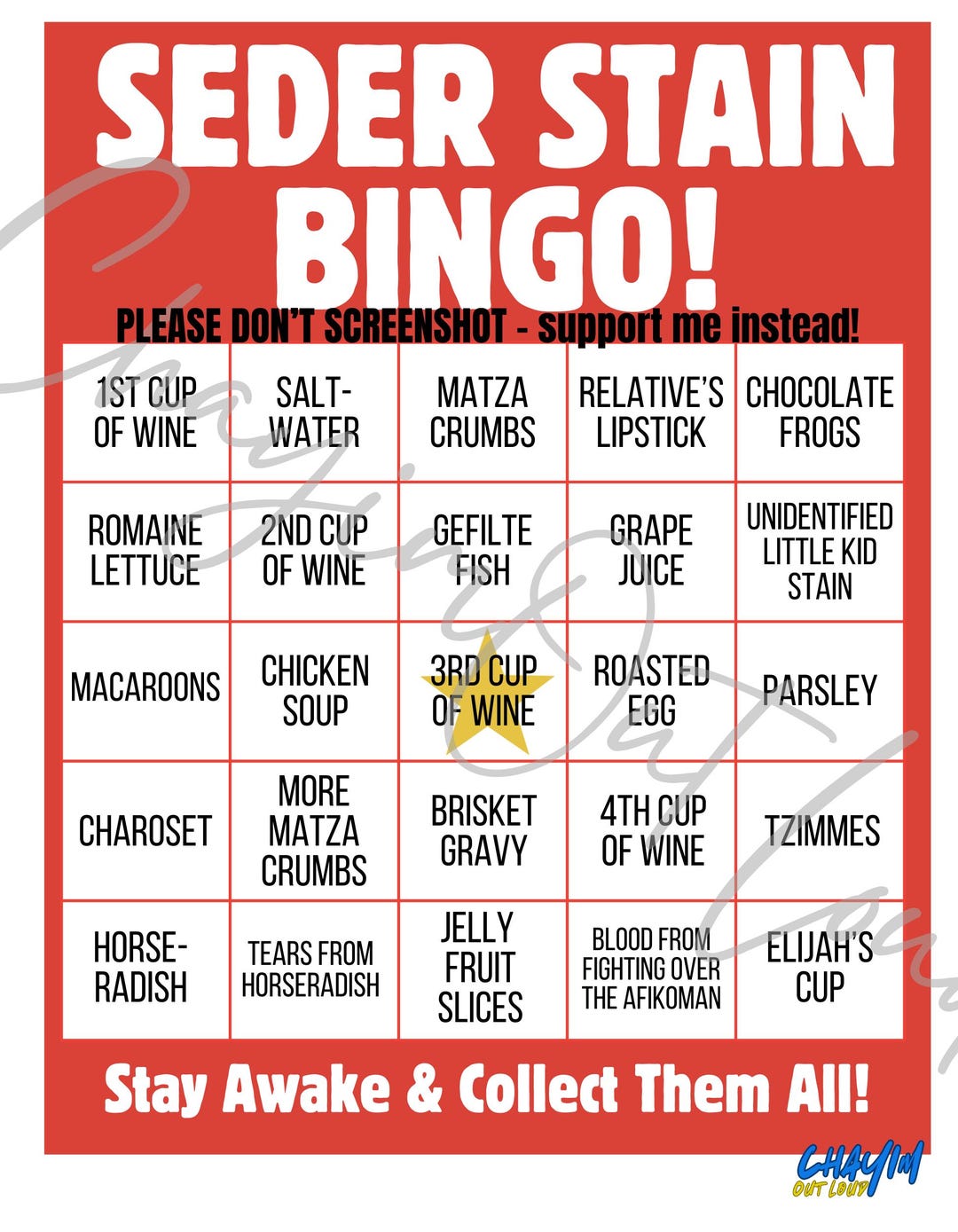 Passover Jewish Funny Seder Stain Bingo - Kids Placemats, Print Outs ...