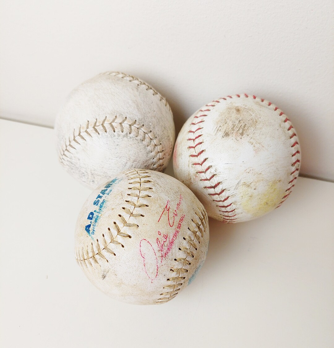 Aged Game Used Softball Lot of 3 Softballs Collection Sports Balls Room ...