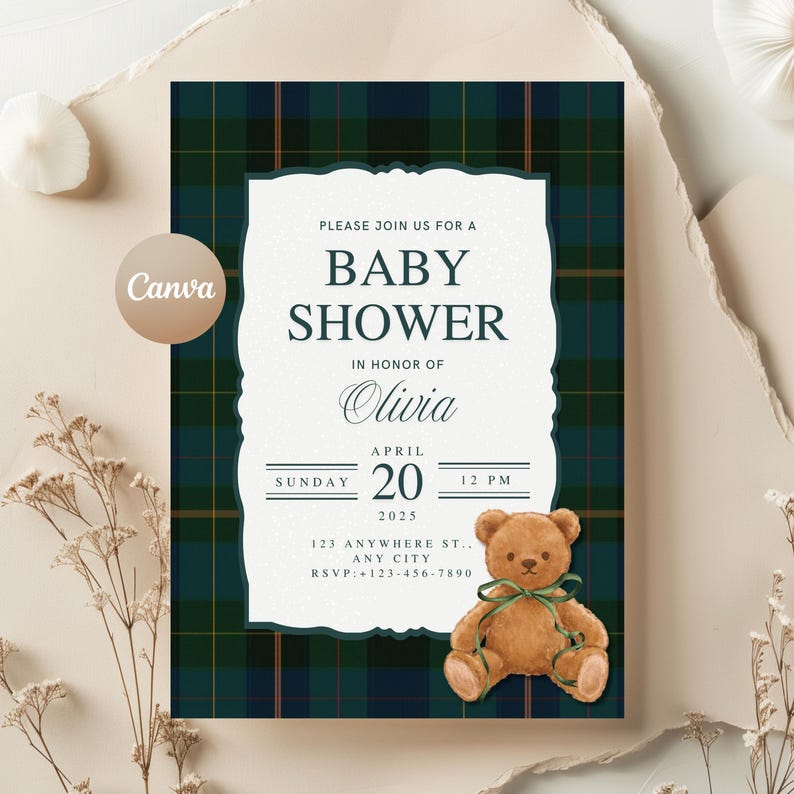 Teddy Bear Baby Shower Invitation: Polo Theme Editable Canva Template ...