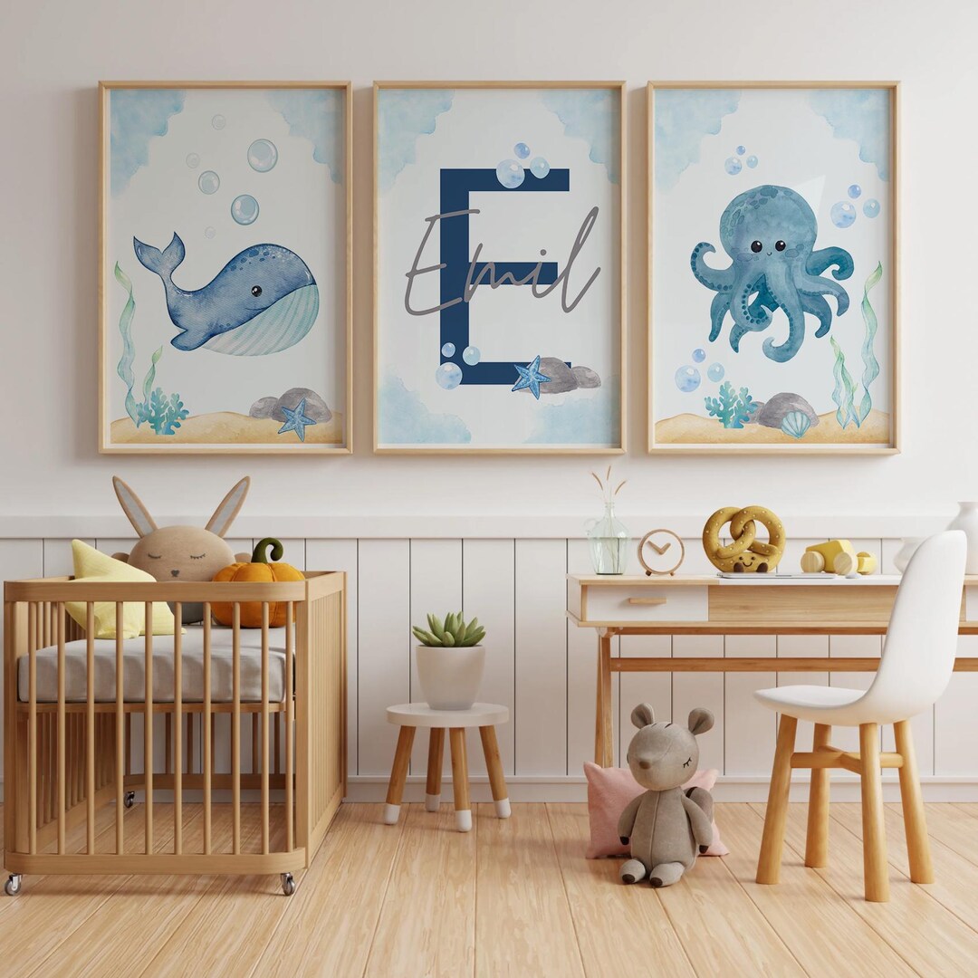 Personalized Sea Creatures Poster Set – Whale + Octopus – Name & Letter ...