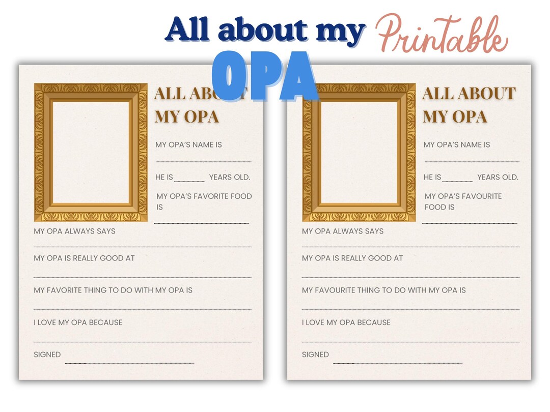 All About My Opa Printable Sheet, Opa Printable Gift From Grandkids ...
