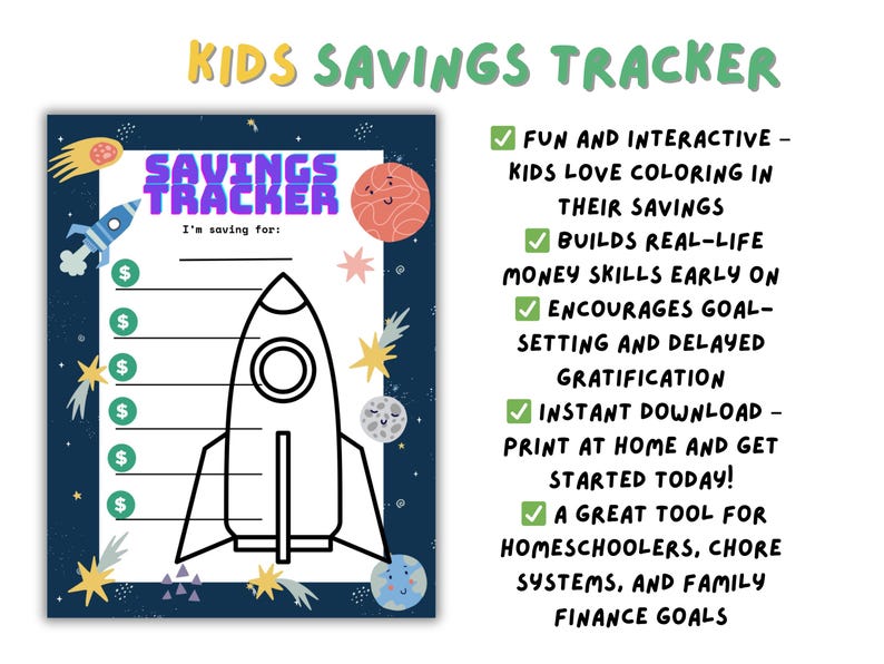Kids Savings Tracker, Money Goal Thermometer, Kids Savings Goal, Allowance, Chores, Financial ...