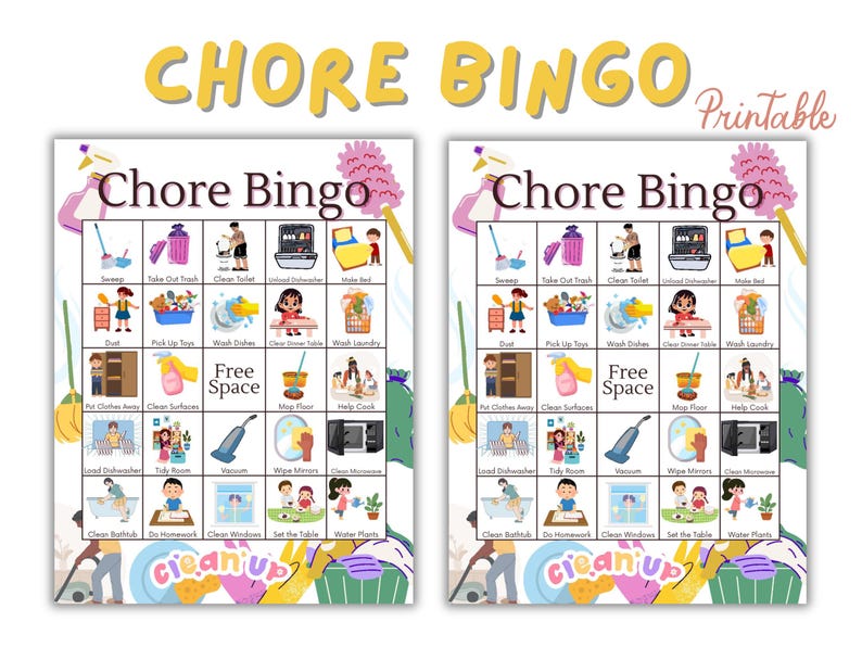 Chore Bingo for Kids Printable PDF, Fun Chore Chart Game With Pictures ...