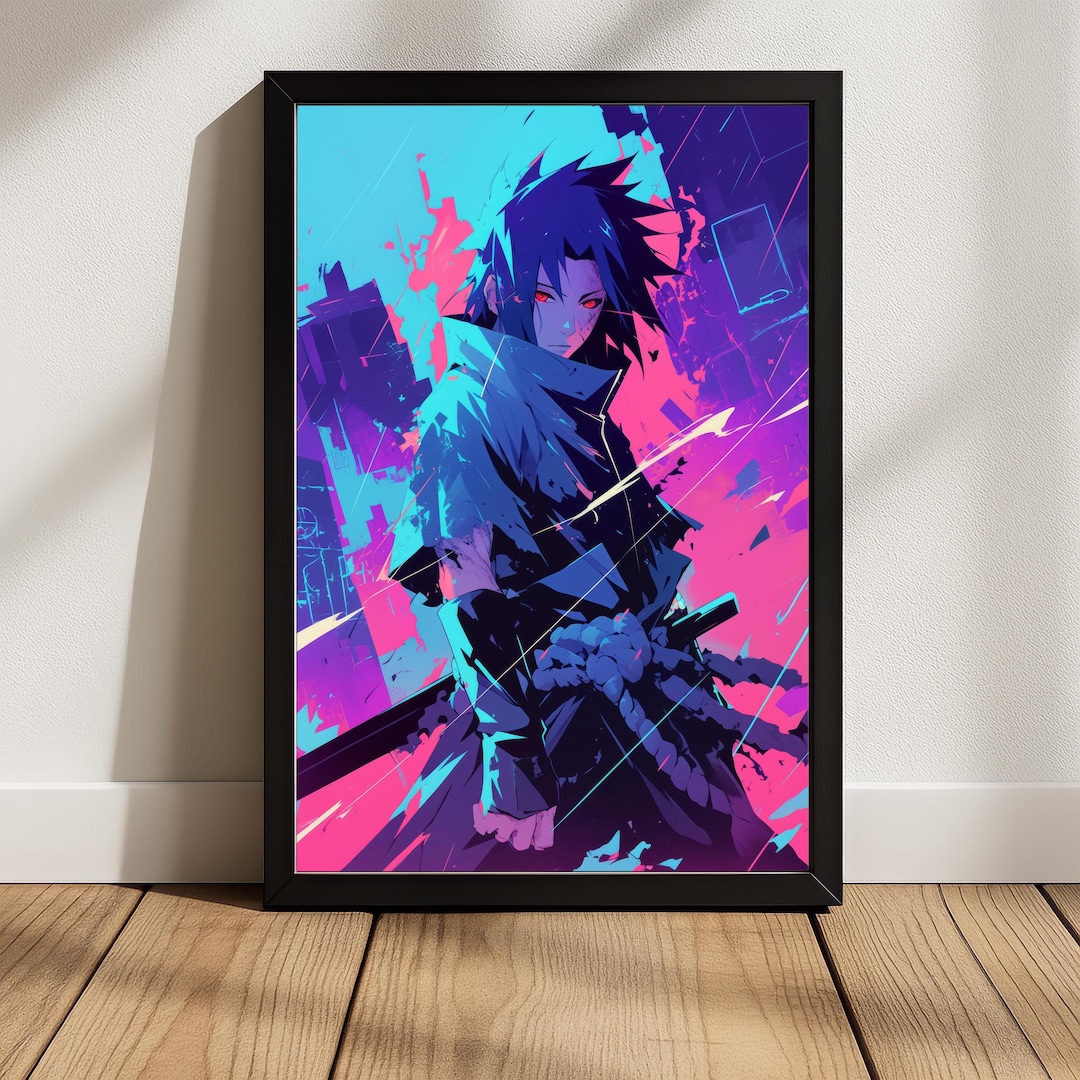 Sasuke Uchiha Neon City Poster | Naruto Anime Digital Art Print | Bold ...