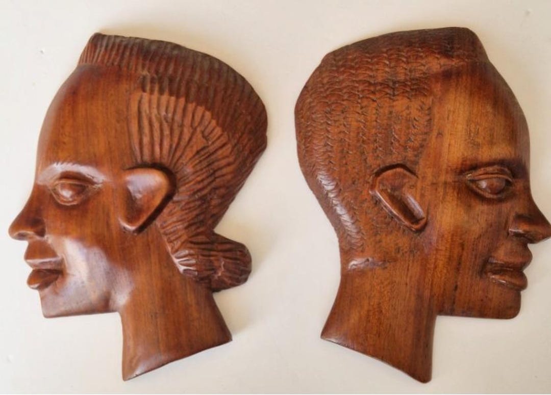 African Tribal Art Wood Carving Bust Pair Man Woman Hardwood Carved ...