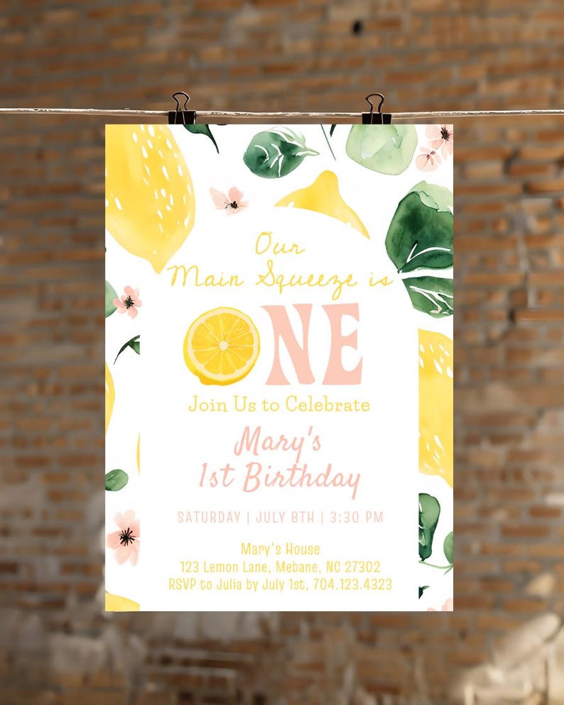 Lemon First Birthday Invitation Girl | Our Main Squeeze is ONE ...