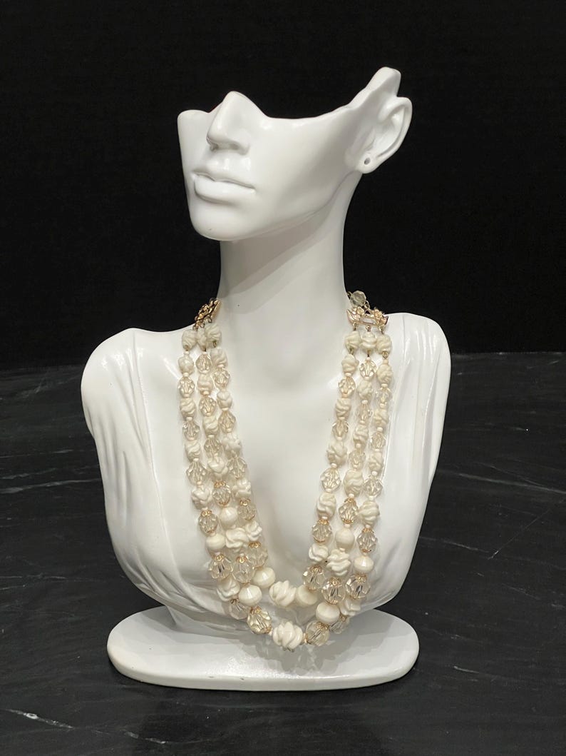 Vintage West Germany Triple Strand Cream and Crystal Bead Necklace ...