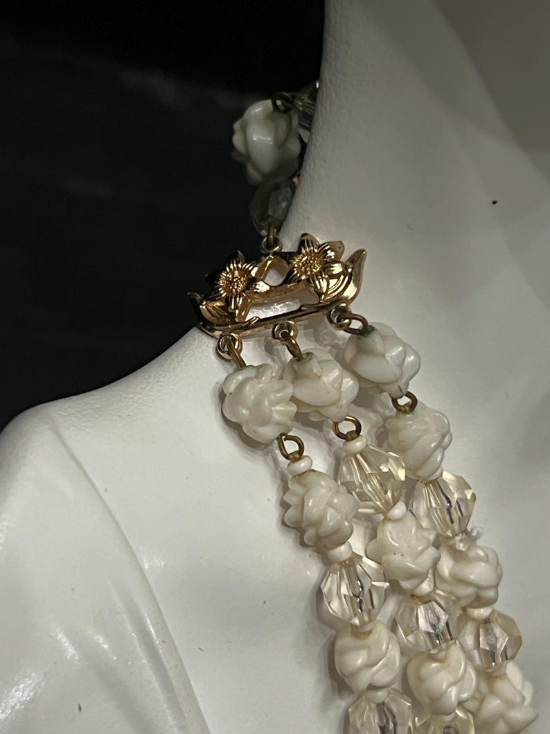 Vintage West Germany Triple Strand Cream and Crystal Bead Necklace ...