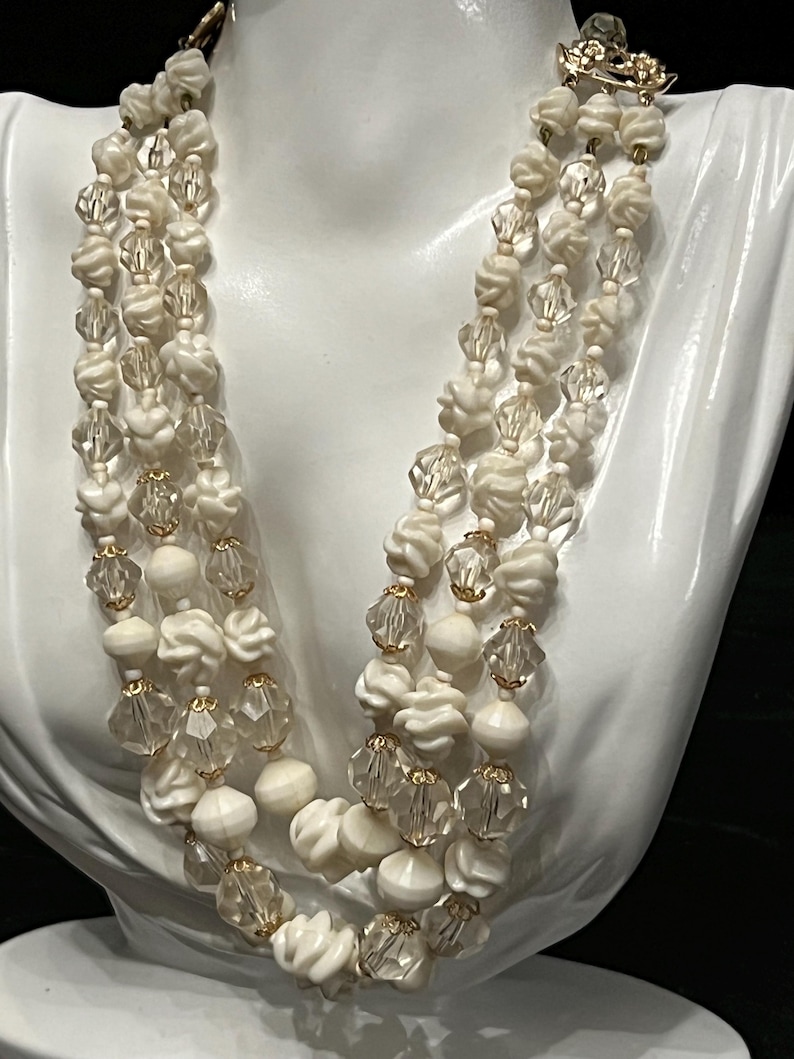 Vintage West Germany Triple Strand Cream and Crystal Bead Necklace ...