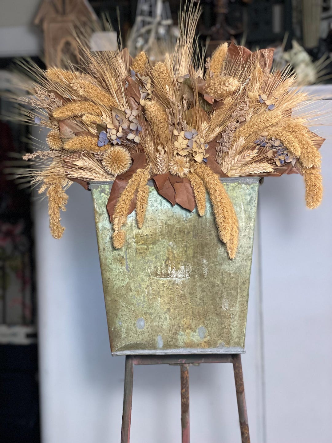 Dried Flower Arrangement Antique Metal Bucket Wall Decor Cottage ...