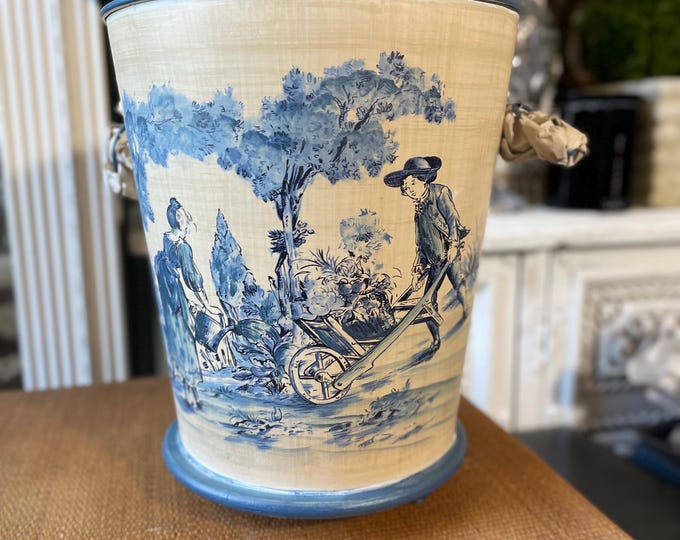 Blue & Antique Beige Toile Metal Waste Paper Bin Trash Can Vintage New ...
