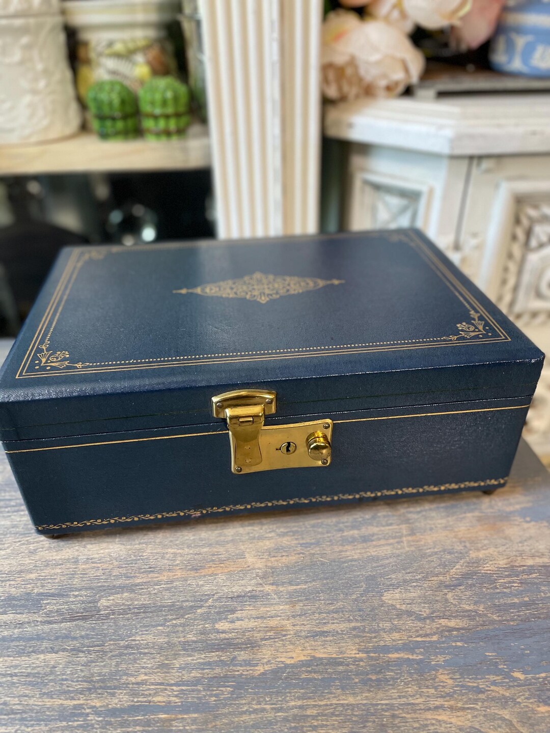 Vintage Jewelry Box & Key Royal Blue Gold Thorens Star Dust Music Box ...