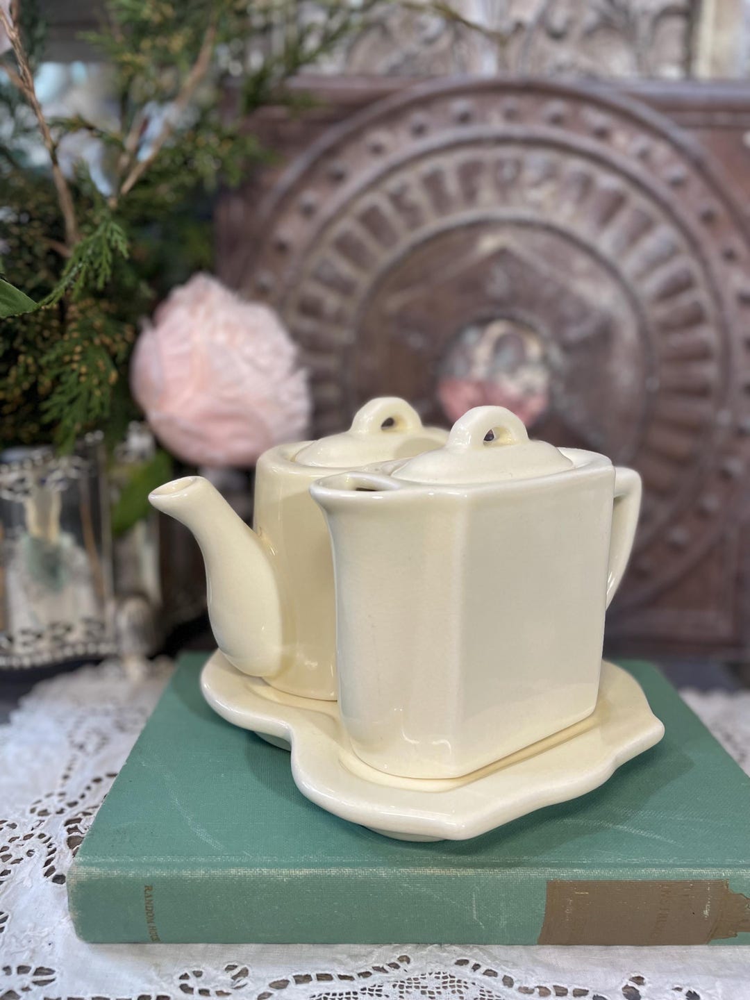 Restoration Hardware Ceramic Mini Teapots Creamer Pitcher Set & Tray ...