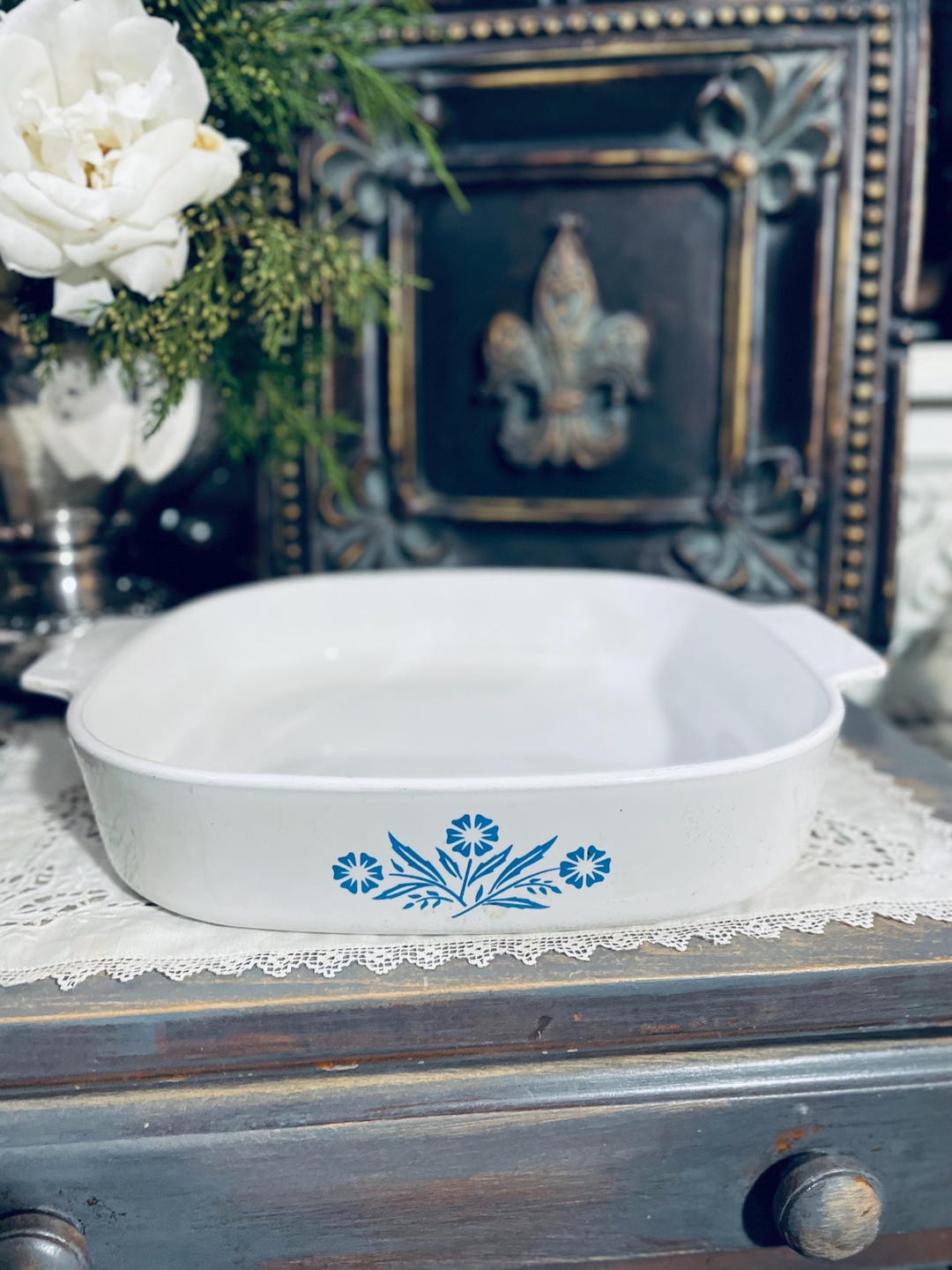 Vintage Corning White Cornflower Blue Large Casserole Ceramic Baking ...