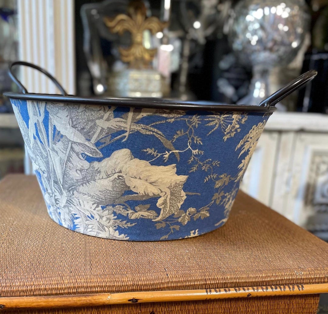 Blue & White Floral Botanical Toile Metal Storage Container 11x5 French ...