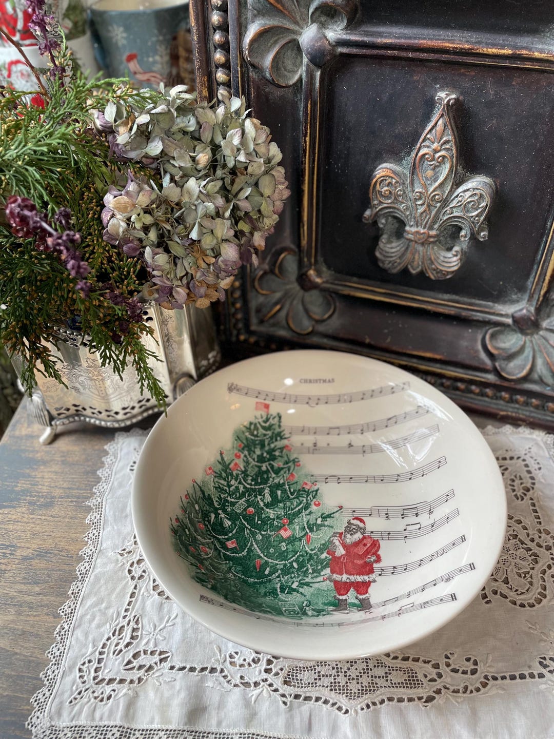 Carly Dodsley Christmas Tree White Ceramic Bowl Music Santa Holiday ...