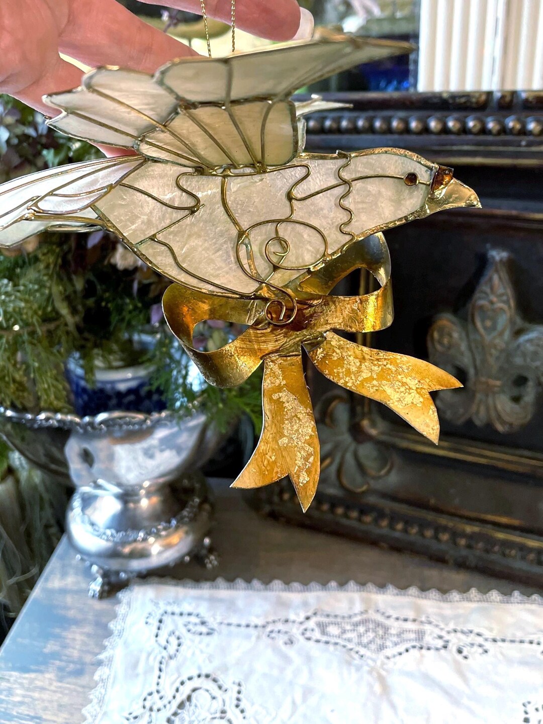 Vintage Gold Lined Capiz Shell Bird Dove Christmas Tree Ornament ...