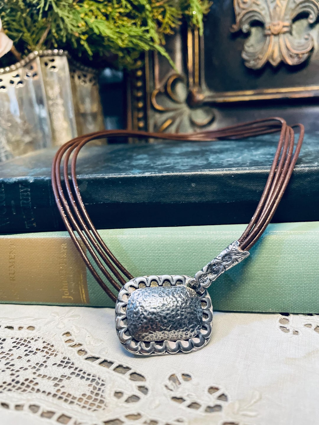 Vintage Silpada Textured Sterling Silver Flower Pendant Brown Leather ...